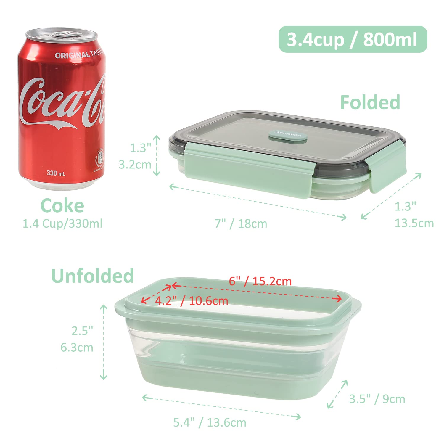 Annaklin Collapsible Food Storage Containers with Lid & Air Vent, Clear Stacking Silicone Collapsible Food Container Set, Microwave Freezer Dishwasher Safe Space-Saver, Set of 4, Mint Green