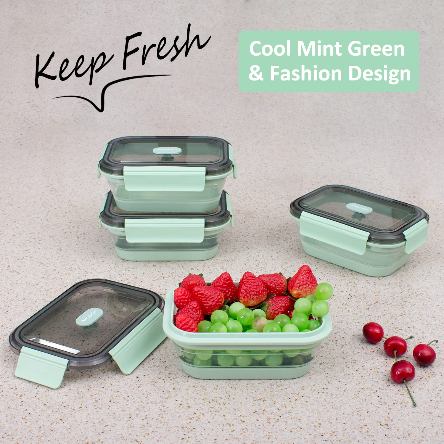 Annaklin Collapsible Food Storage Containers with Lid & Air Vent, Clear Stacking Silicone Collapsible Food Container Set, Microwave Freezer Dishwasher Safe Space-Saver, Set of 4, Mint Green