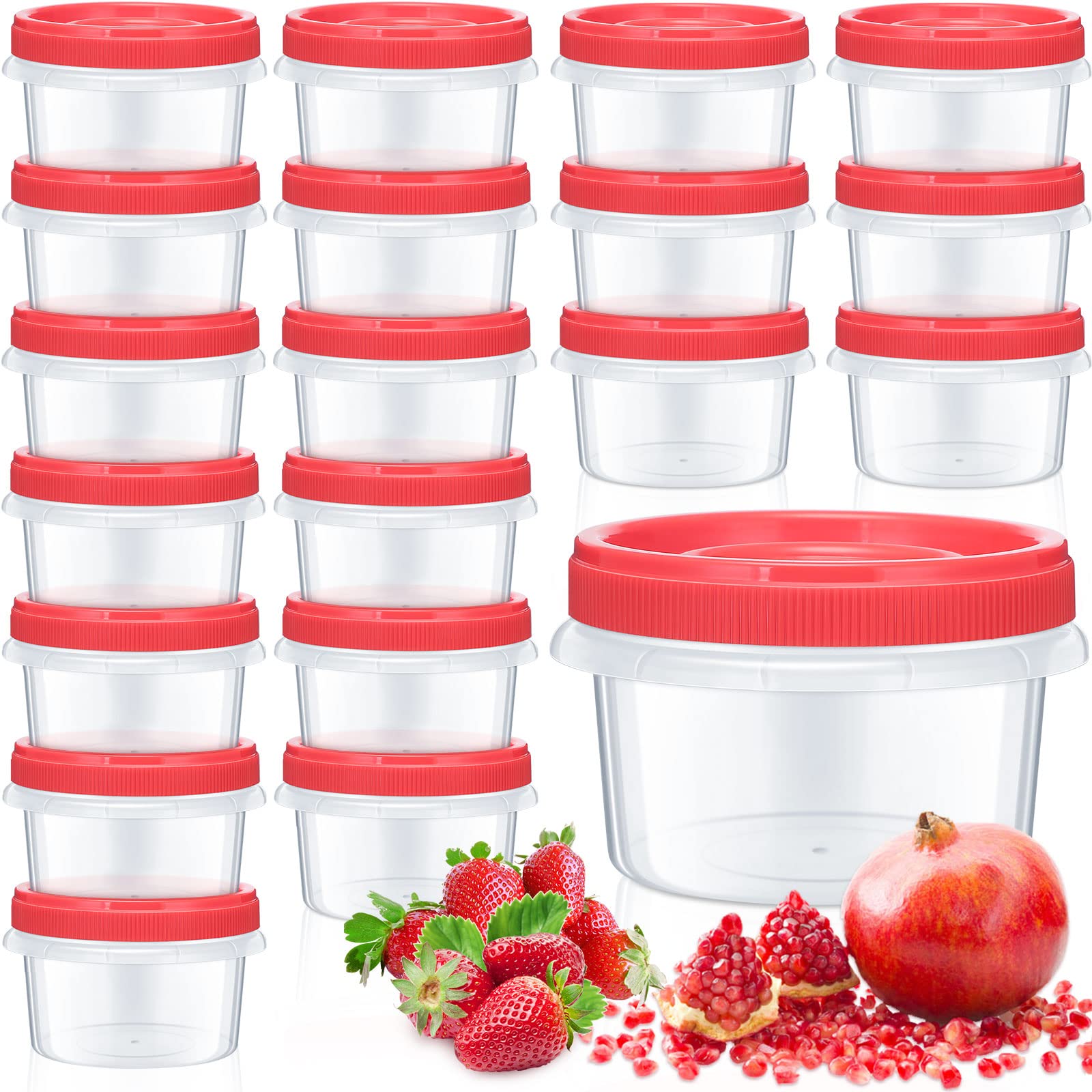 Cunhill 20 Pcs Food Storage Containers Freezer Containers for Food Round Plastic Containers with Screw Lids Clear Stackable Food Containers for Kids, Freezer and Dishwasher Safe(Red, 10 oz)