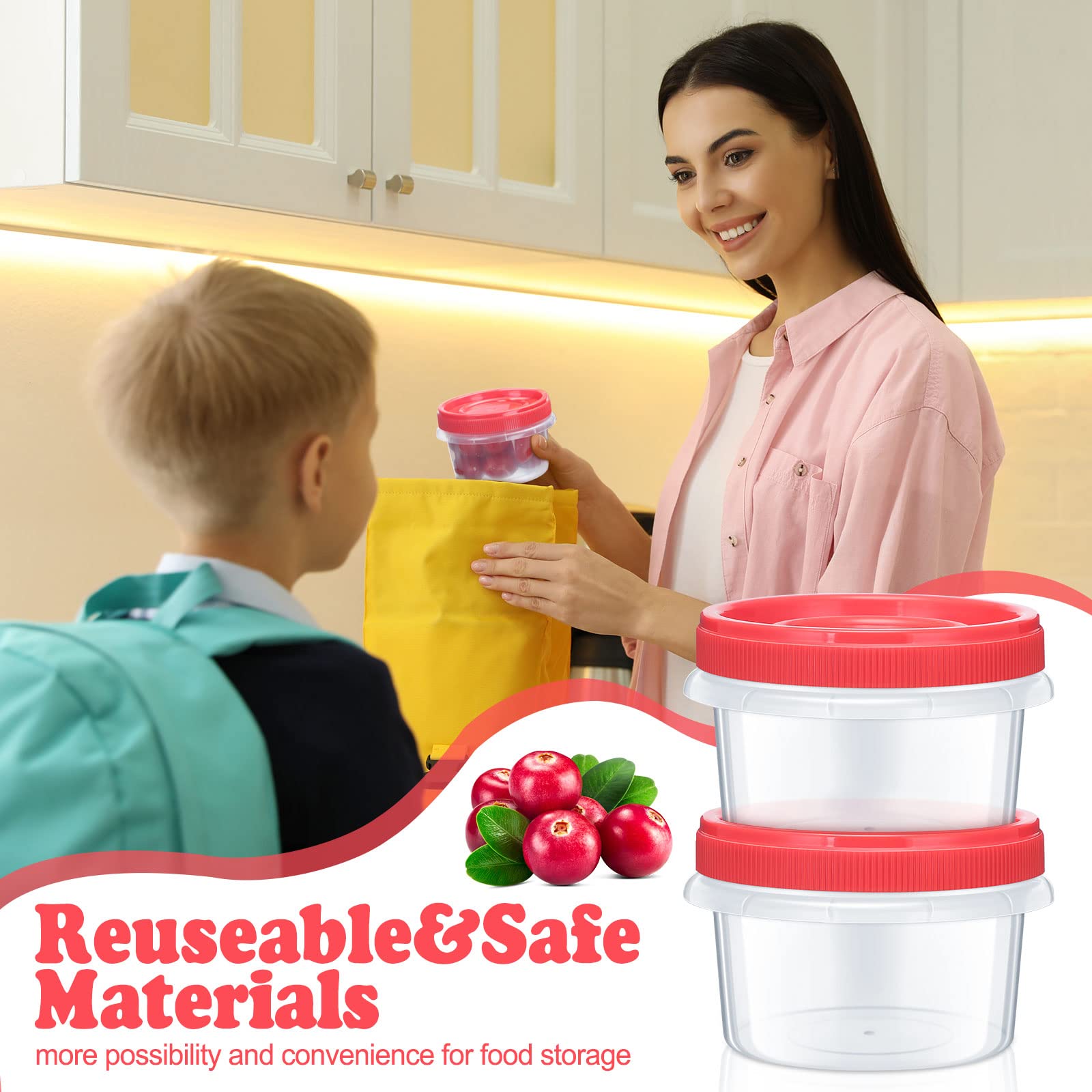 Cunhill 20 Pcs Food Storage Containers Freezer Containers for Food Round Plastic Containers with Screw Lids Clear Stackable Food Containers for Kids, Freezer and Dishwasher Safe(Red, 10 oz)