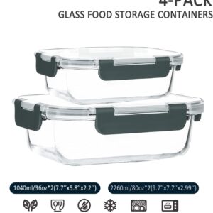 M MCIRCO [80 oz & 36 oz] Extra Large Glass Food Storage/Baking Containers Set with Lids, 2 Pack 80 oz(10 cup)&2 Pack 36 oz (4.5 cup) Airtight Glass Container,Microwave,Oven,Freezer and Dishwasher