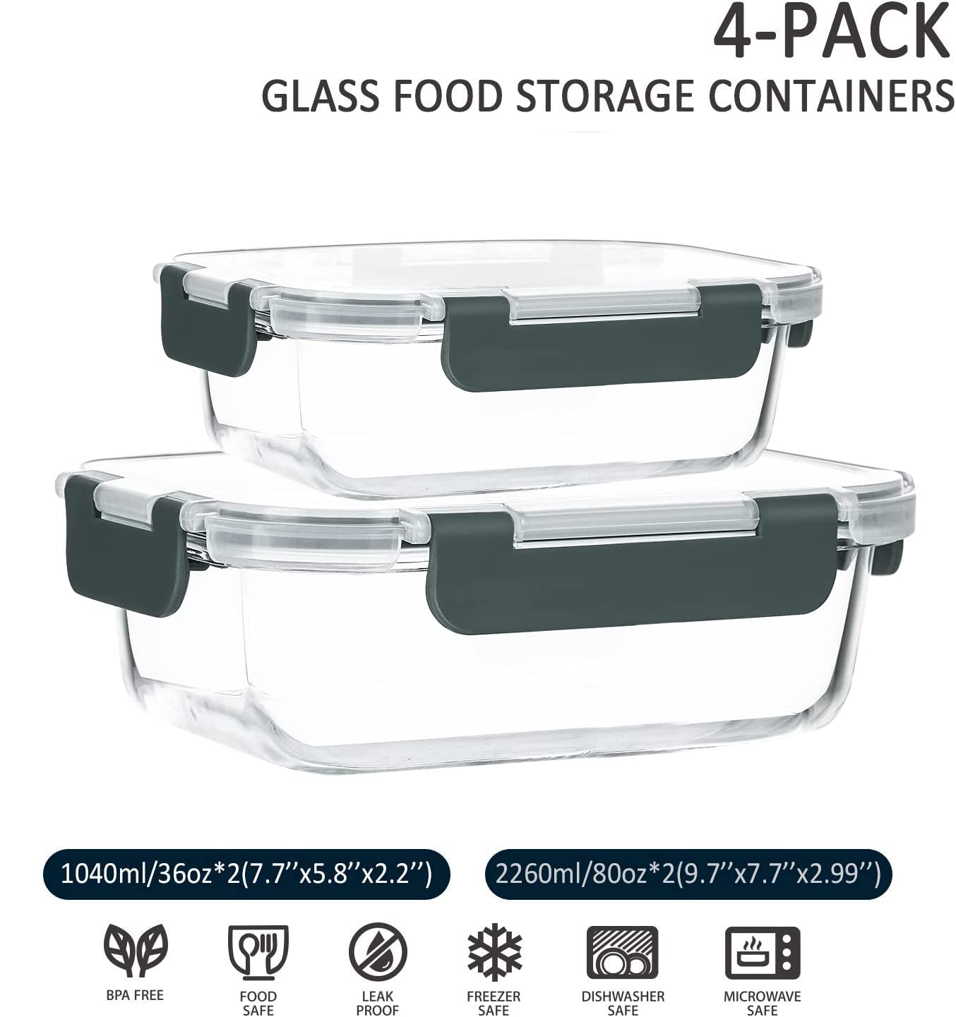 M MCIRCO [80 oz & 36 oz] Extra Large Glass Food Storage/Baking Containers Set with Lids, 2 Pack 80 oz(10 cup)&2 Pack 36 oz (4.5 cup) Airtight Glass Container,Microwave,Oven,Freezer and Dishwasher