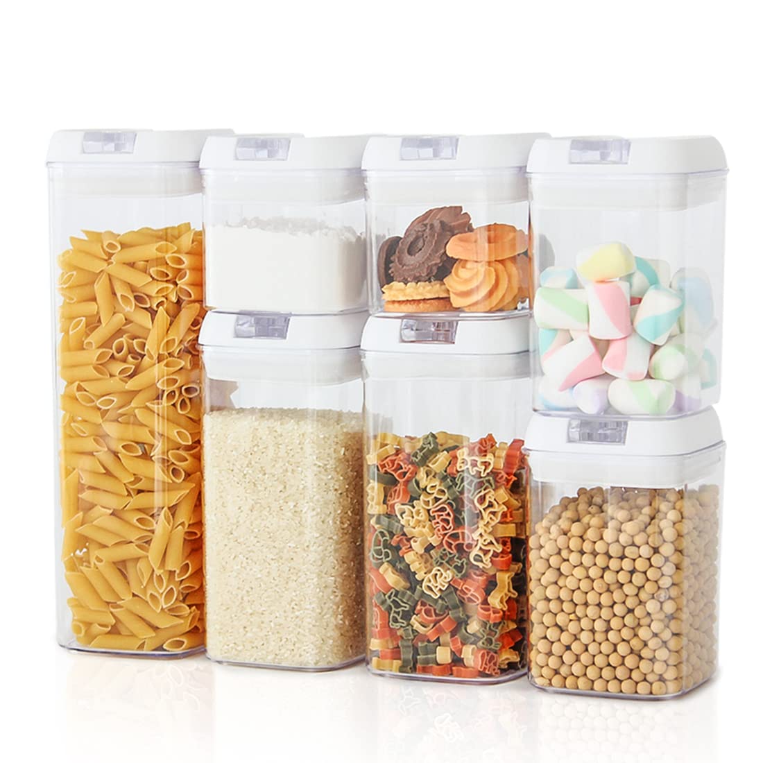 CQT Airtight Food Storage Container 7 Pieces BPA Free Plastic Cereal Containers with Easy Lock Lids, for Kitchen Pantry Organization and Storage, (WHITE)