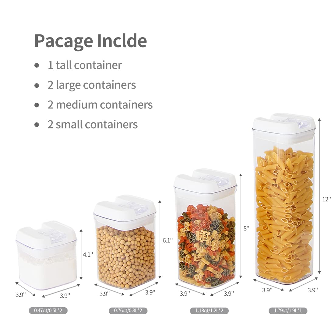 CQT Airtight Food Storage Container 7 Pieces BPA Free Plastic Cereal Containers with Easy Lock Lids, for Kitchen Pantry Organization and Storage, (WHITE)