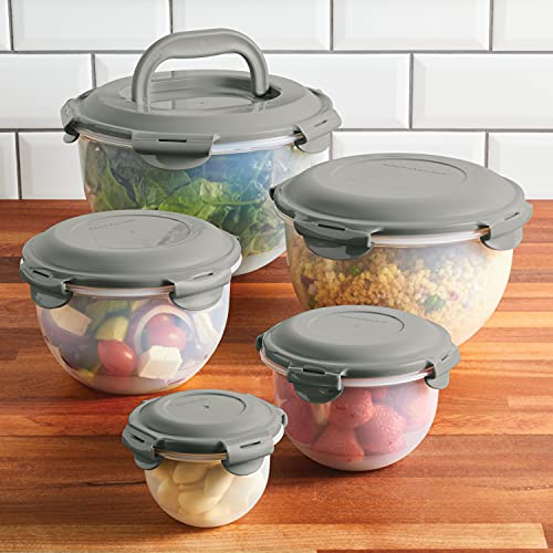 Rachael Ray Leak-Proof Nestable Container Food Storage Bin Set, 10-Piece, Clear with Gray Lids