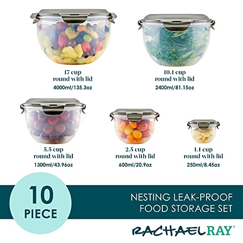 Rachael Ray Leak-Proof Nestable Container Food Storage Bin Set, 10-Piece, Clear with Gray Lids