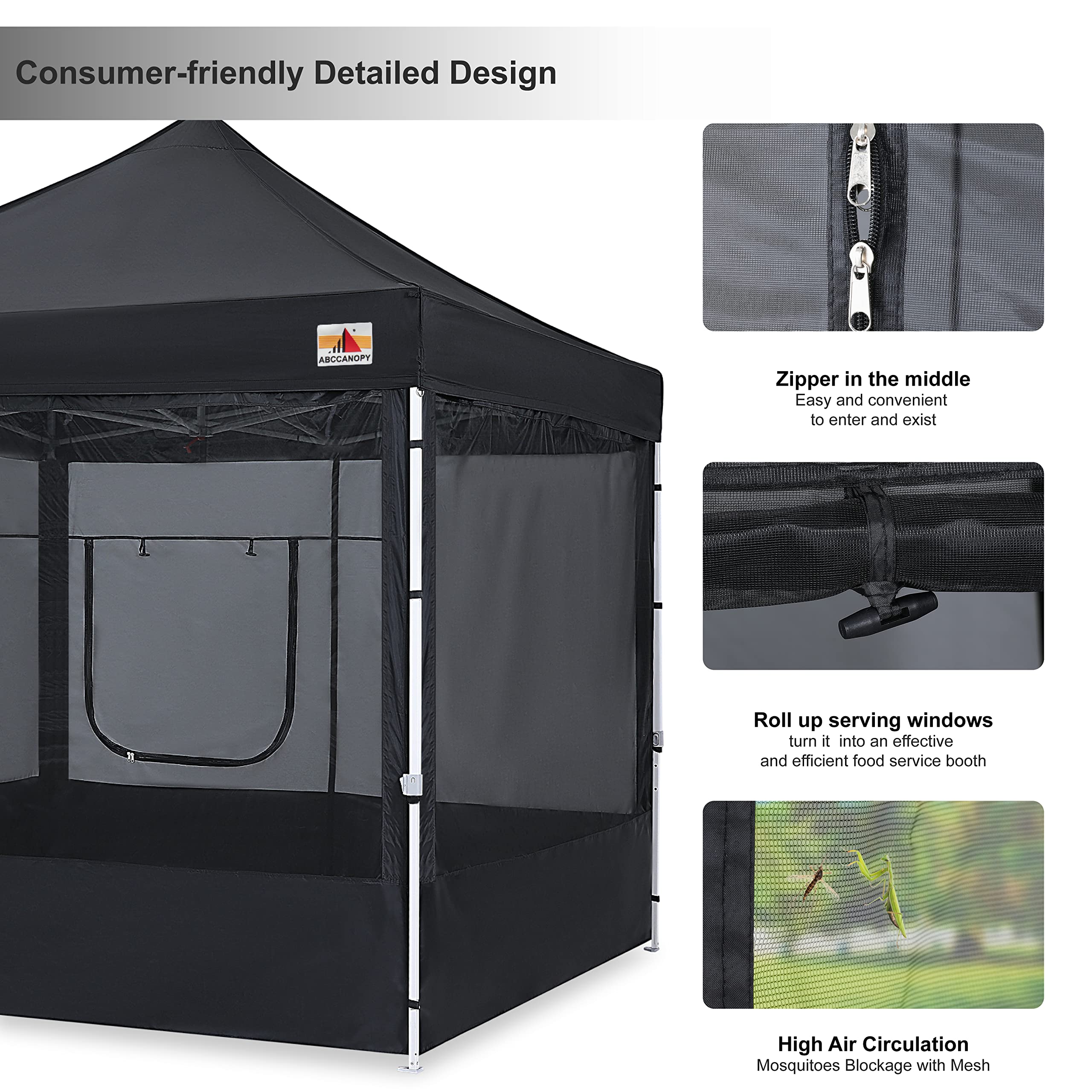 ABCCANOPY Food Booth 10' x 10' Sidewall Kit Set of 4, Includes 2 Roll-Up Serving Windows, Commercial Grade Mesh, Black