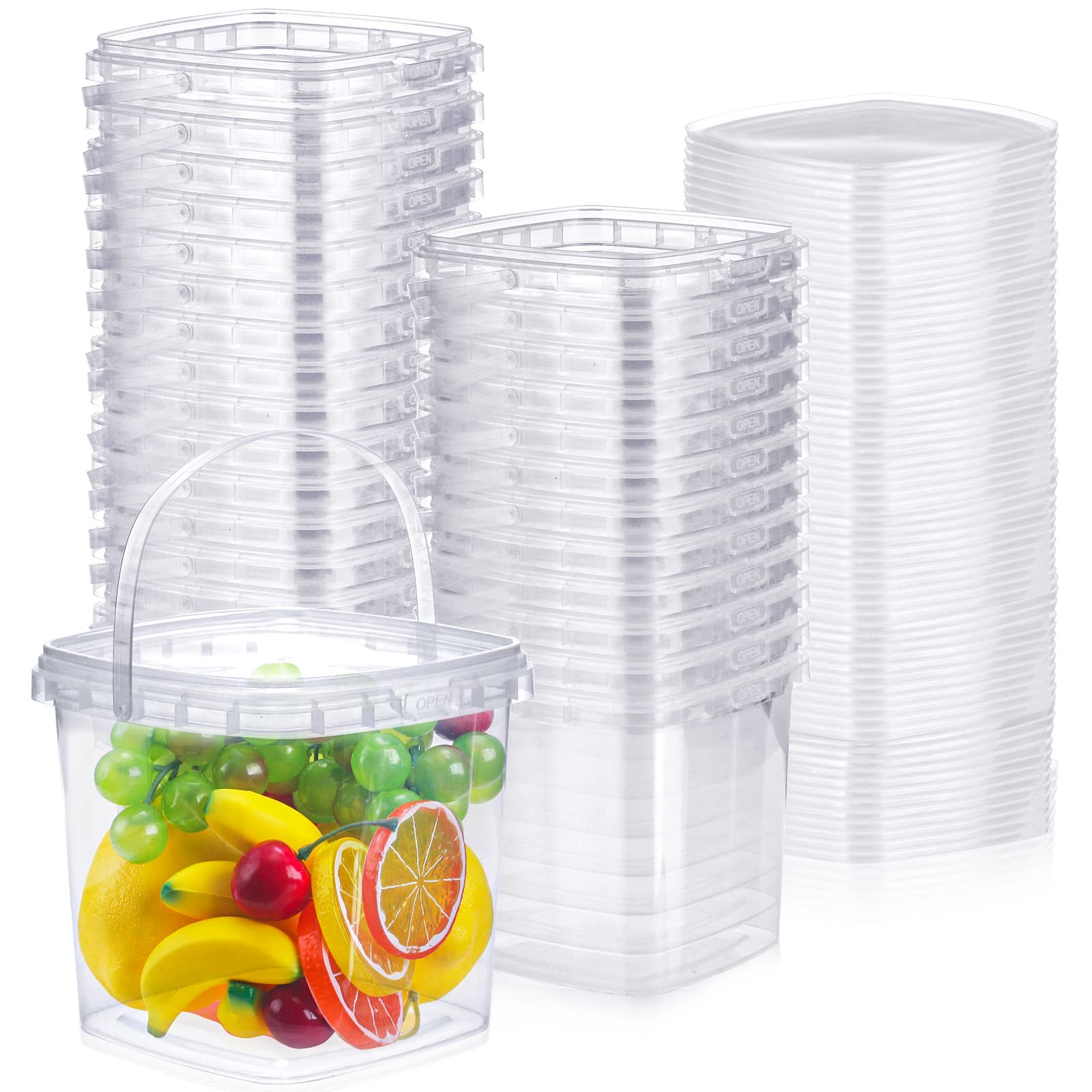 Macarrie 50 Pack 68 oz Square Deli Containers with Lids Clear Plastic Food Storage Containers Airtight Deli Containers with Lids and Handles for Food Prep Freezer Kitchen Restaurant Supplies