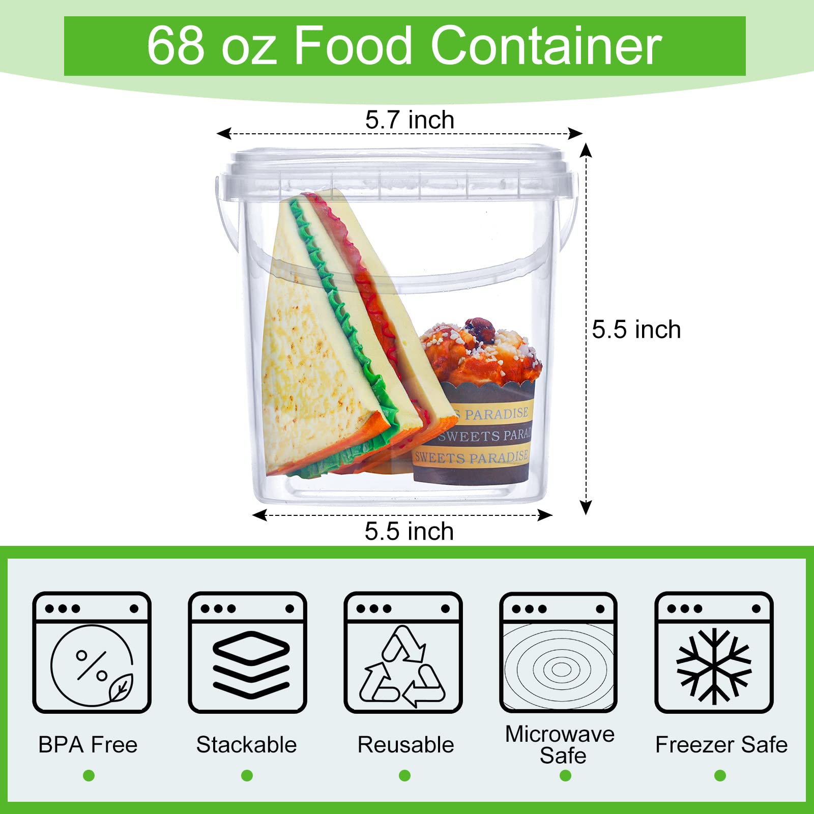 Macarrie 50 Pack 68 oz Square Deli Containers with Lids Clear Plastic Food Storage Containers Airtight Deli Containers with Lids and Handles for Food Prep Freezer Kitchen Restaurant Supplies