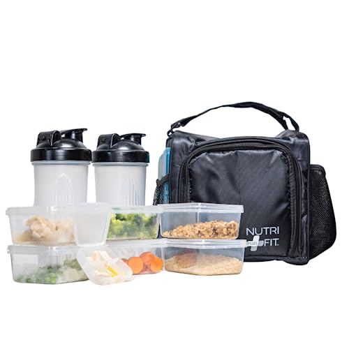 NUTRIFIT Large Meal Prep Bag for Men and Women - Insulated Lunch Box Cooler with 6 Stackable Food Containers BPA-Free Reusable - Pocket Vitamins Pill Case - Shaker Bottle and Ice Packs Included