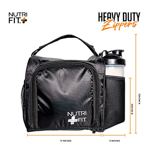 NUTRIFIT Large Meal Prep Bag for Men and Women - Insulated Lunch Box Cooler with 6 Stackable Food Containers BPA-Free Reusable - Pocket Vitamins Pill Case - Shaker Bottle and Ice Packs Included