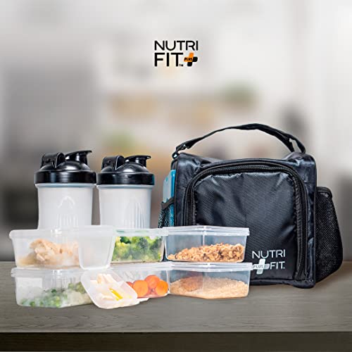 NUTRIFIT Large Meal Prep Bag for Men and Women - Insulated Lunch Box Cooler with 6 Stackable Food Containers BPA-Free Reusable - Pocket Vitamins Pill Case - Shaker Bottle and Ice Packs Included