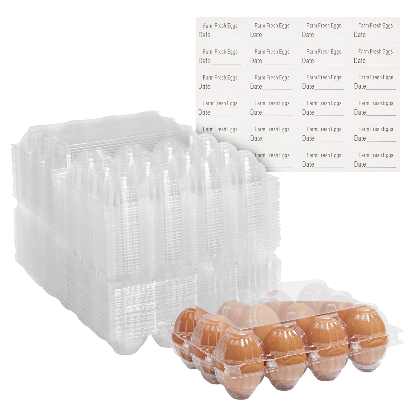 Stockroom Plus 48-Pack Plastic Egg Cartons, Holds 1 Dozen with Date Labels Included, Bulk Pack of Reusable Egg Cartons for Chicken Eggs, Home Ranch, Farm, Commercial Use, Market Display