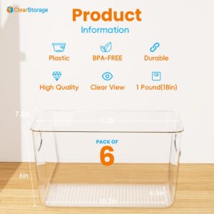 ClearStorage Clear Plastic Storage Bins, 6 Pack Pantry Organizers and Storage with Handle, Pantry Storage for Fridge, Freezer, Kitchen Cabinet, Pantry Organization and Storage, BPA Free (11x8x6)