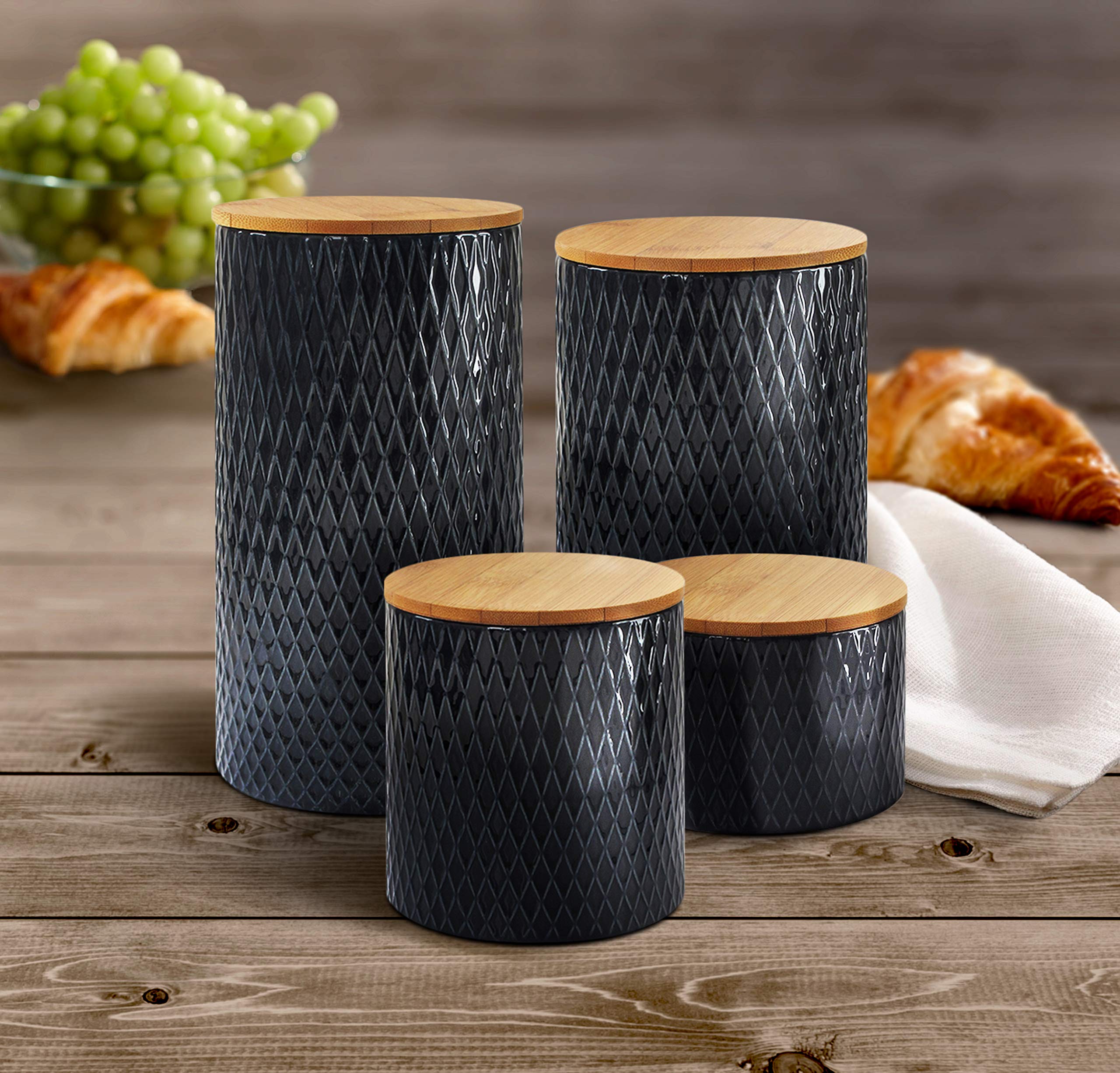 American Atelier Diamond Embossed Canister Set 4-Piece Ceramic Jars Chic Design With Lids for Cookies, Candy, Coffee, Flour, Sugar, Rice, Pasta, Cereal & More Navy