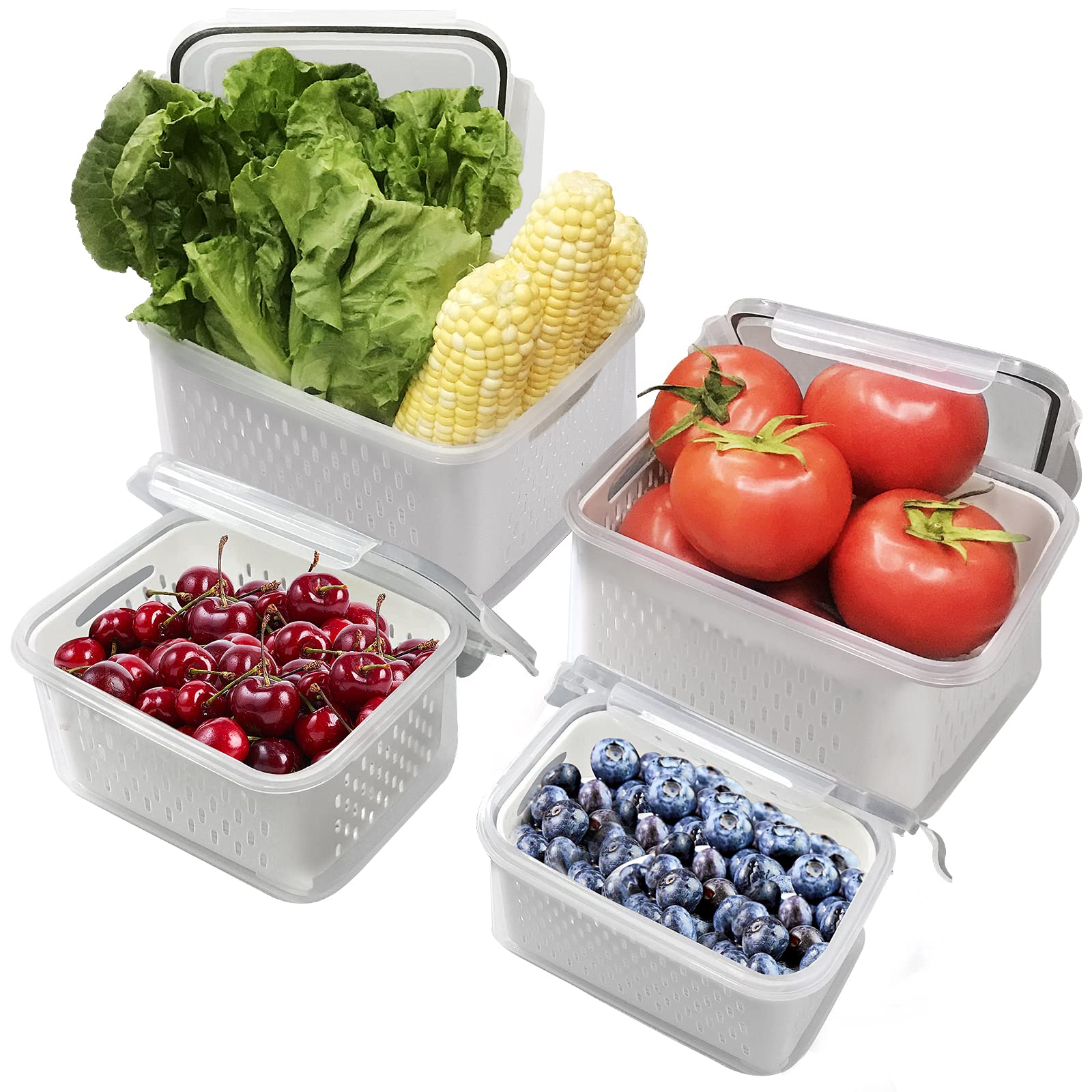 CD HOME 4 PCS Fruit Containers for Fridge -Airtight Food Storage Containers with Removable Colander - Dishwasher & microwave safe Produce Containers Keep Fruits,Berry, Vegetables, Fresh longer