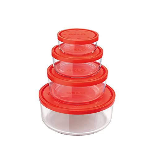 Bormioli Rocco Gelo 4pc Glass Container/Food Storage Set with Red Lid (11.75 oz, 24.25 oz, 44.75 oz, 93.75 oz.), preserving jars, Clear