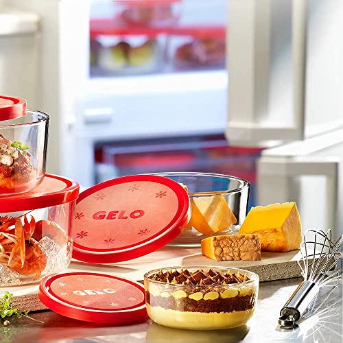 Bormioli Rocco Gelo 4pc Glass Container/Food Storage Set with Red Lid (11.75 oz, 24.25 oz, 44.75 oz, 93.75 oz.), preserving jars, Clear