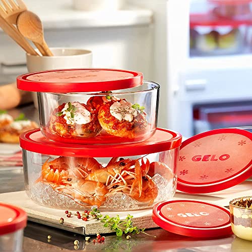 Bormioli Rocco Gelo 4pc Glass Container/Food Storage Set with Red Lid (11.75 oz, 24.25 oz, 44.75 oz, 93.75 oz.), preserving jars, Clear