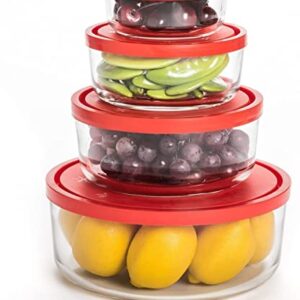 Bormioli Rocco Gelo 4pc Glass Container/Food Storage Set with Red Lid (11.75 oz, 24.25 oz, 44.75 oz, 93.75 oz.), preserving jars, Clear