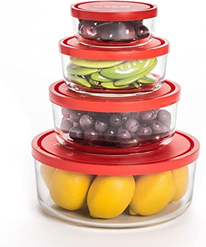 Bormioli Rocco Gelo 4pc Glass Container/Food Storage Set with Red Lid (11.75 oz, 24.25 oz, 44.75 oz, 93.75 oz.), preserving jars, Clear