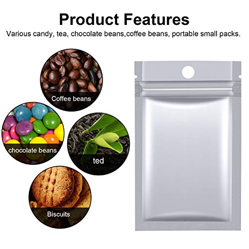 200 Pieces Foil Pouch Bag,Resealable Odor Proof Bags, Polyester Film Zip Lock Bags Aluminum Foil Bags, Metallic Polyester Film Foil Flat Food Storage Bags Pouch (Silver)