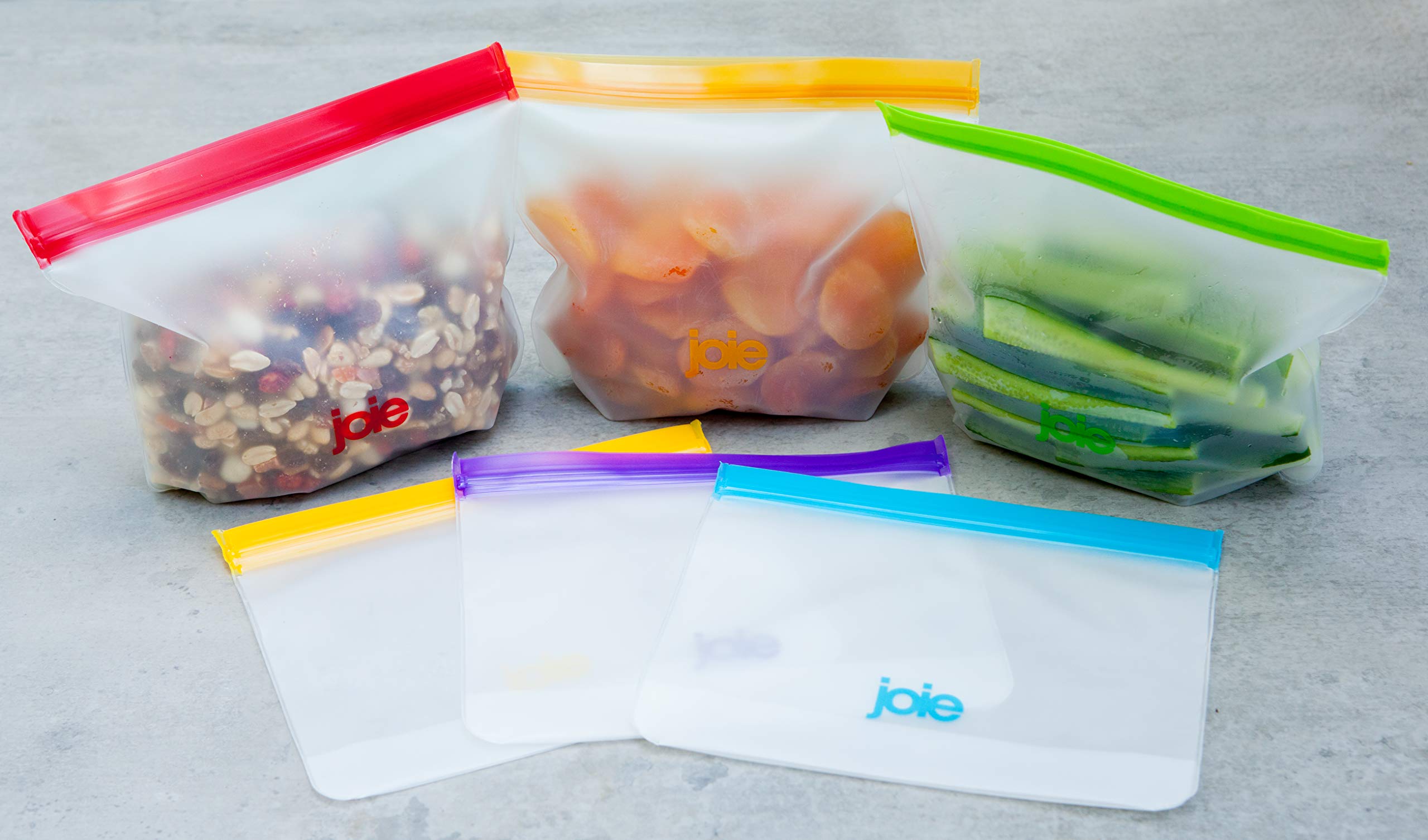 Joie Reusable Food Storage Bags - Reusable Bags for Snacks, Sandwiches, Vegetables and More - Ziptop Containers for Sustainable Living, BPA Free, 8.75” x 7”, 6 Bags