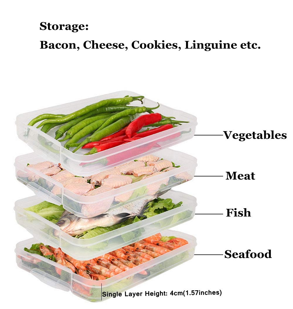 TIAN CHEN Refrigerator Organizer Bins, Plastic Food Storage Containers with Lids, 3-Layer, BPA free, Stackable Food Organizer Keeper for Snack, Vegetables, Meat, Fish (Transparent)