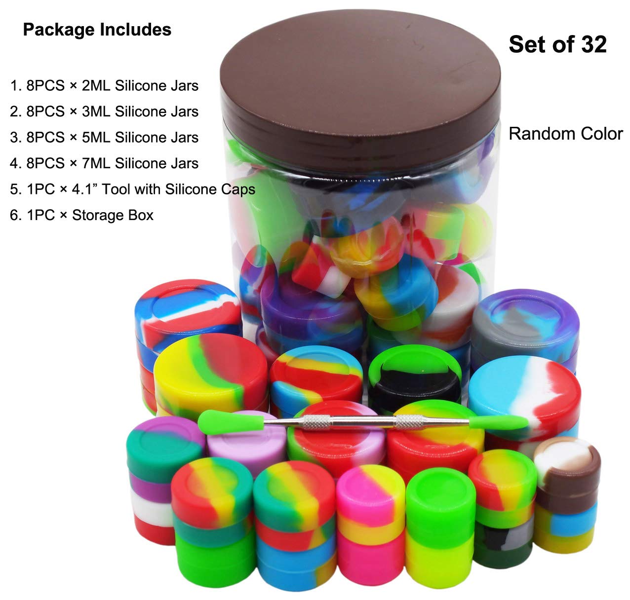 Vitakiwi 2ml 3ml 5ml 7ml Round Silicone Concentrate Containers Multi Use Food Storage Jars with Carving Tool (32PCS)