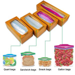 CRAKTH Bamboo Ziplock Bag Storage Organizer for Kitchen Drawer, 4 Separate Baggie Organizer, Suitable for Gallon, Quart, Sandwich & Snack Variety Size Bag