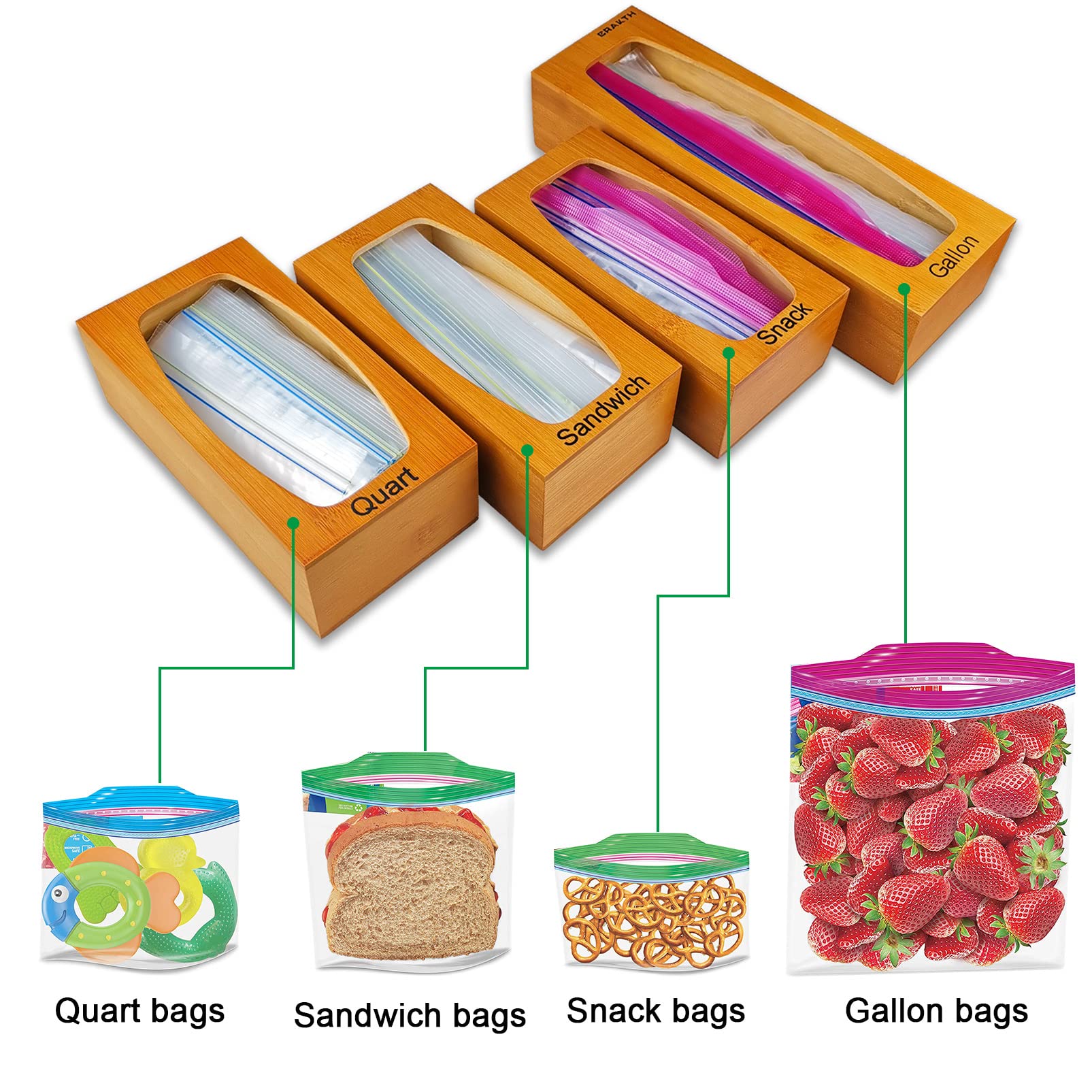 CRAKTH Bamboo Ziplock Bag Storage Organizer for Kitchen Drawer, 4 Separate Baggie Organizer, Suitable for Gallon, Quart, Sandwich & Snack Variety Size Bag