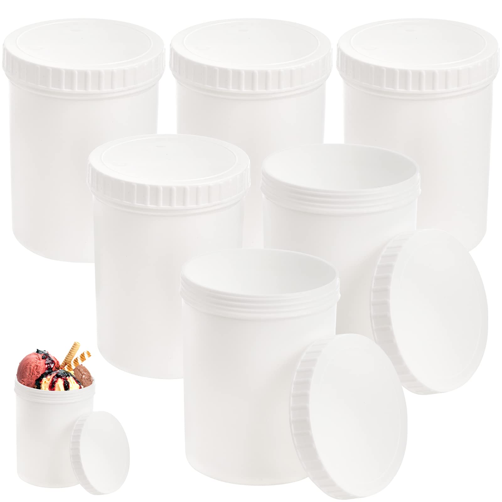 Peohud 6 Pack 32 Oz Ice Cream Containers, Wide Mouth Plastic Jars with Screw on Lids, Reusable Freezer Storage Tub for Homemade Ice Cream, Yogurt, Sorbet and Gelato