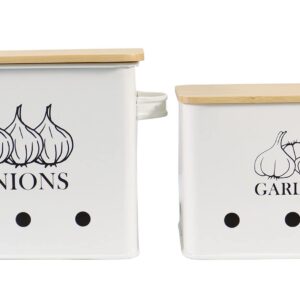 Gdfjiy Onion Garlic Storage Bin, Kitchen Vegetable Storage Tin, Set of 2 for Onion & Garlic with Wooden Lid and Aerating Holes, Kitchen Storage Canisters Set, Long Shelf Life - White