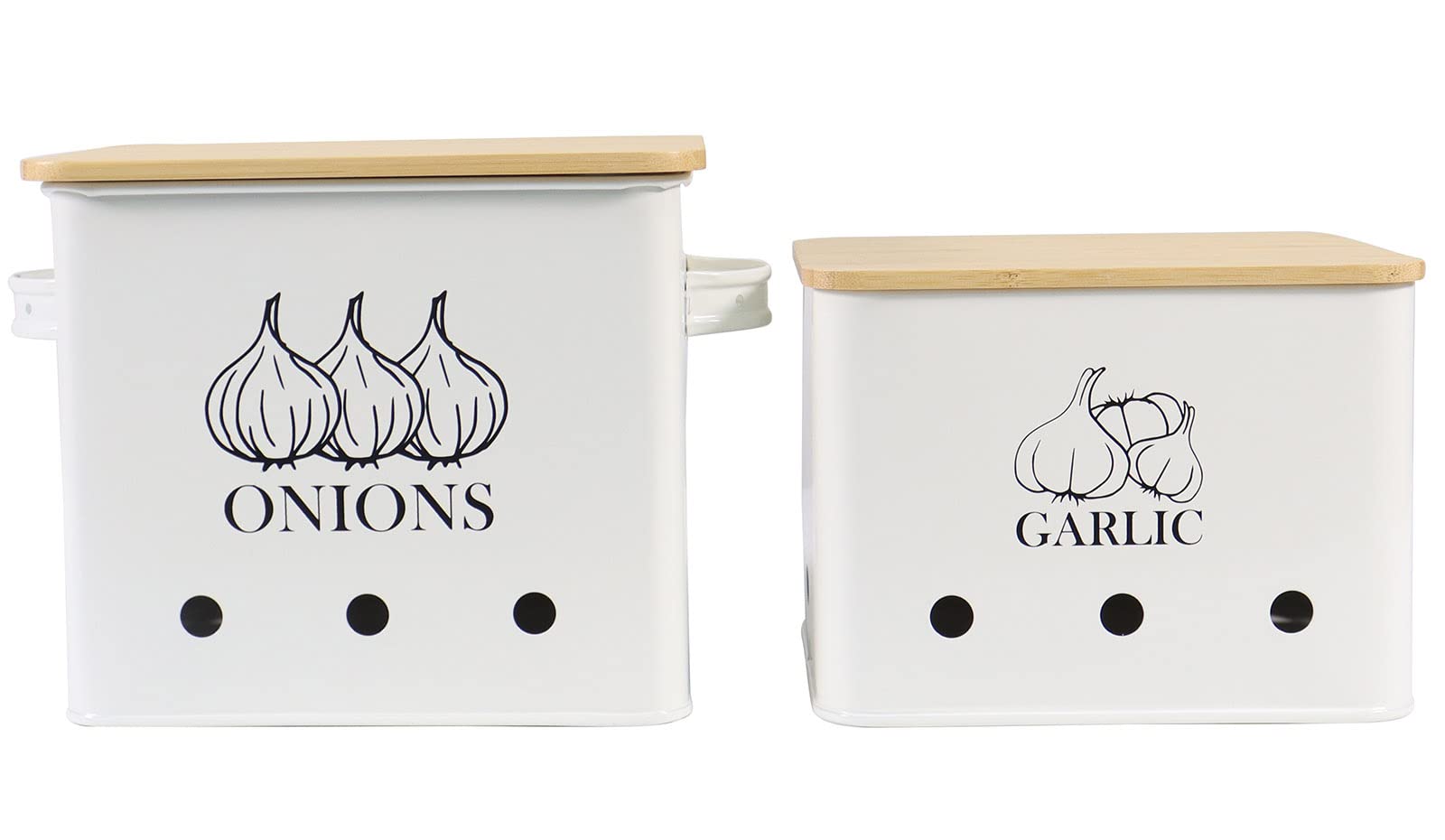 Gdfjiy Onion Garlic Storage Bin, Kitchen Vegetable Storage Tin, Set of 2 for Onion & Garlic with Wooden Lid and Aerating Holes, Kitchen Storage Canisters Set, Long Shelf Life - White