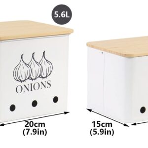 Gdfjiy Onion Garlic Storage Bin, Kitchen Vegetable Storage Tin, Set of 2 for Onion & Garlic with Wooden Lid and Aerating Holes, Kitchen Storage Canisters Set, Long Shelf Life - White