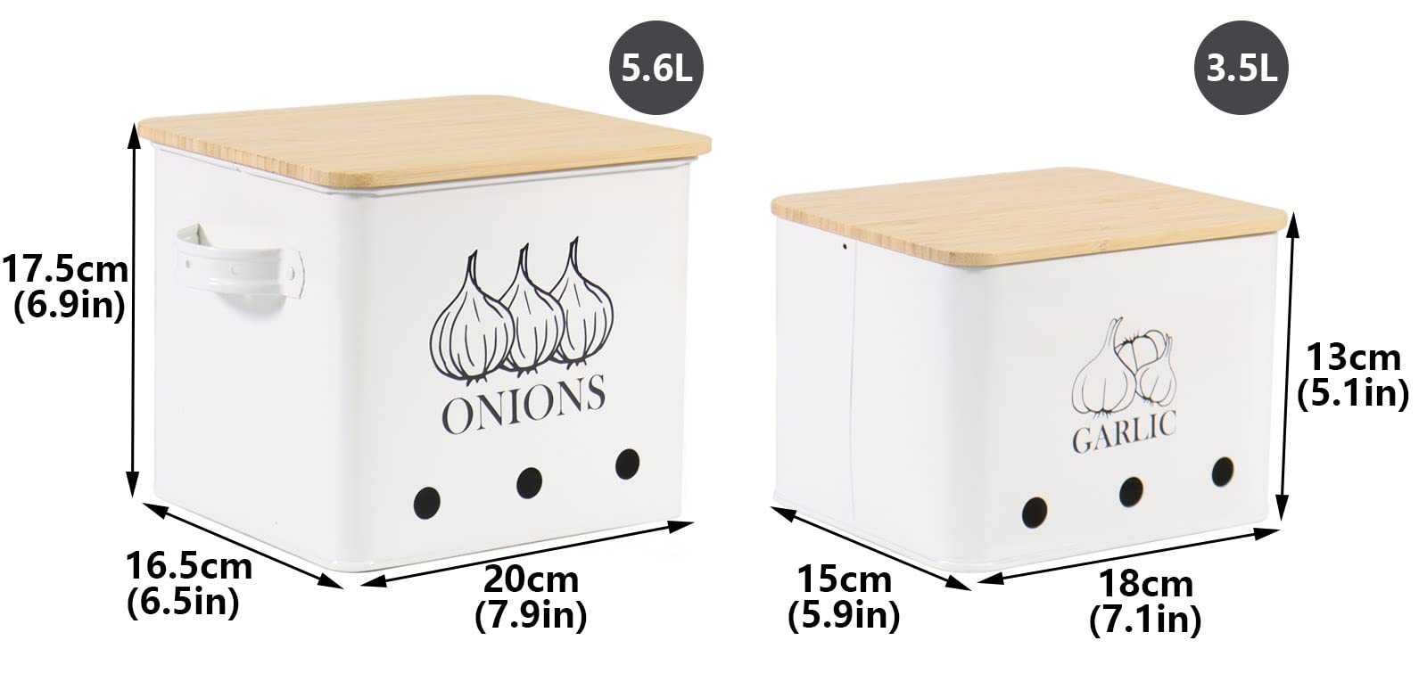 Gdfjiy Onion Garlic Storage Bin, Kitchen Vegetable Storage Tin, Set of 2 for Onion & Garlic with Wooden Lid and Aerating Holes, Kitchen Storage Canisters Set, Long Shelf Life - White