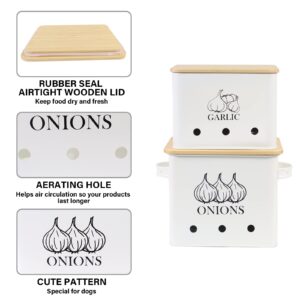 Gdfjiy Onion Garlic Storage Bin, Kitchen Vegetable Storage Tin, Set of 2 for Onion & Garlic with Wooden Lid and Aerating Holes, Kitchen Storage Canisters Set, Long Shelf Life - White