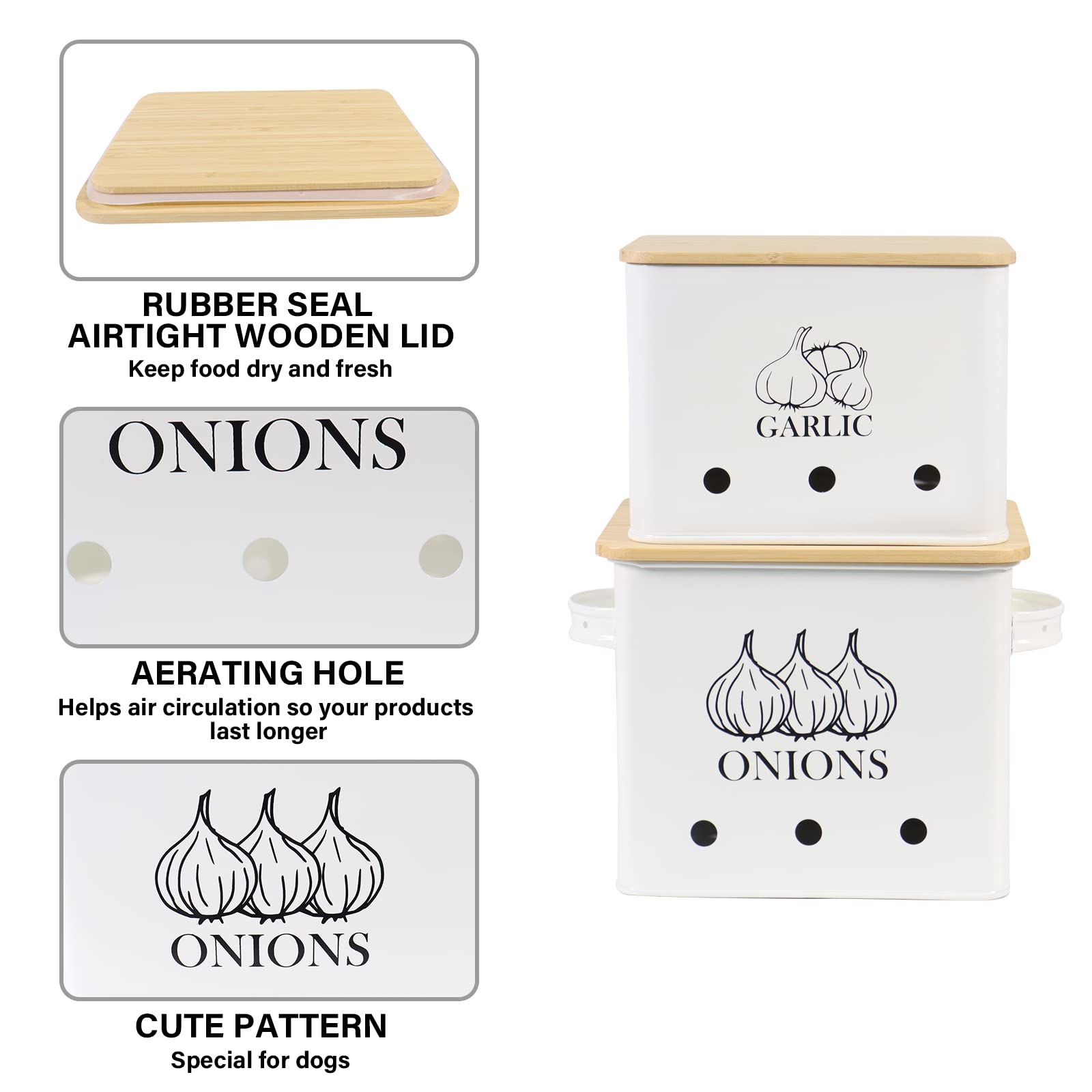 Gdfjiy Onion Garlic Storage Bin, Kitchen Vegetable Storage Tin, Set of 2 for Onion & Garlic with Wooden Lid and Aerating Holes, Kitchen Storage Canisters Set, Long Shelf Life - White