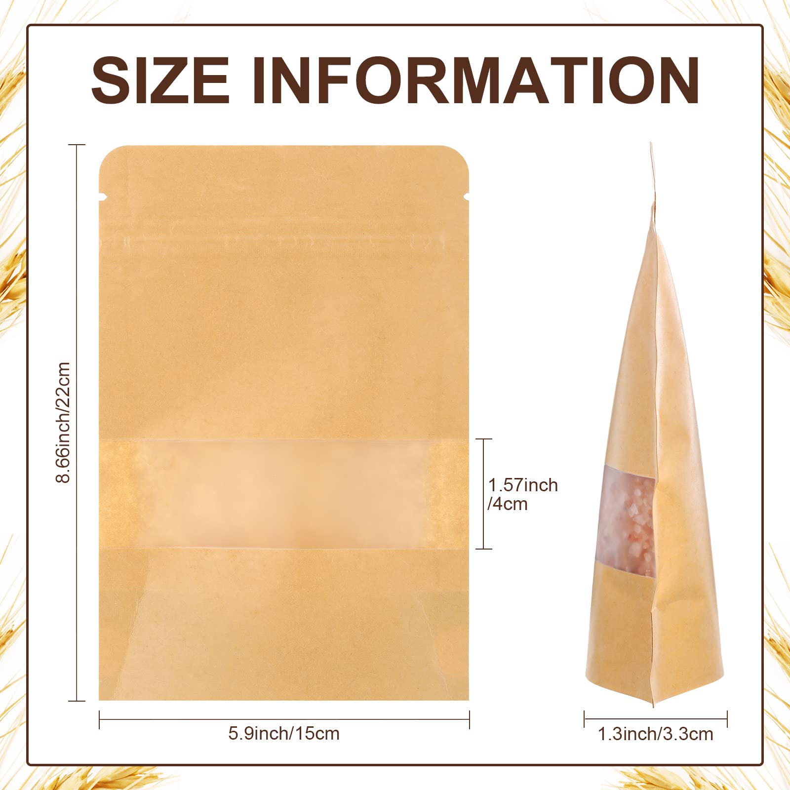 300 Pcs Kraft Bags with Window Kraft Stand up Pouches Bulk Kraft Zipper Lock Paper Bags Pouches Food Storage Bags Reusable Heat Sealable Bags for Packaging Home Office Business (6 x 9 Inch)