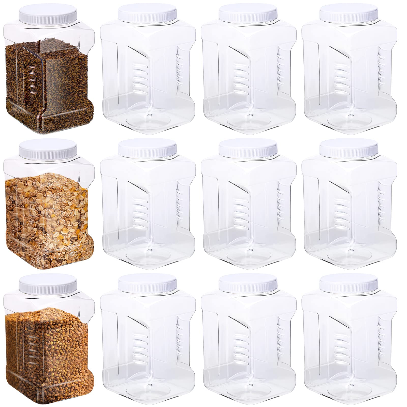 12 Packs 1 Gallon Plastic Grip Jar with Cap Clear Storage Containers Grip Jars Multi-use Empty Containers Household Dried Food Canisters BPA Free for Kitchen Fermentation Food Storage (White Lid)