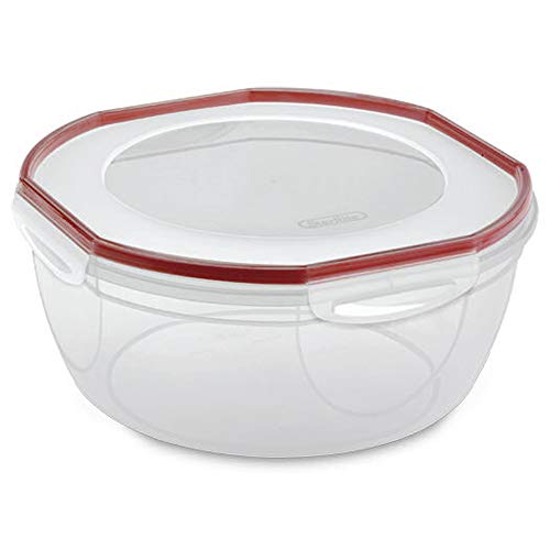 Sterilite Ultra-Seal 8.1 Qt Bowl, Large Airtight Food Storage Container, Latching Lid, Microwave and Dishwasher Safe, Clear With Red Gasket, 4-Pack