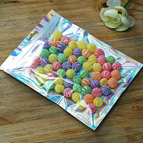 YukaBa 100 Pieces Smell Proof Bags - 5.79x8.66 Inches Resealable Mylar Bags Clear Zip Lock Food Candy Storage Bags Holographic Rainbow Color