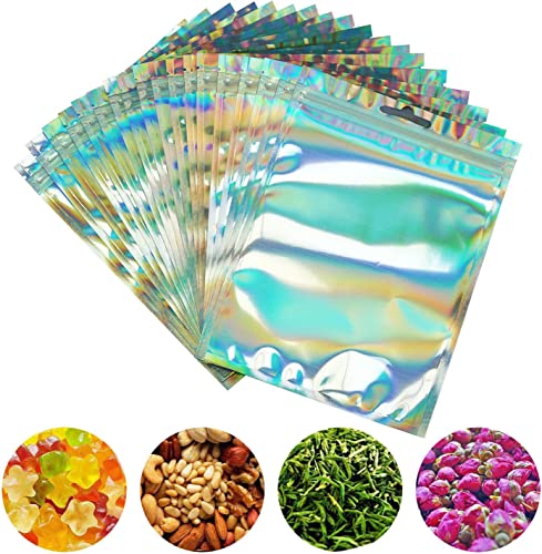 YukaBa 100 Pieces Smell Proof Bags - 5.79x8.66 Inches Resealable Mylar Bags Clear Zip Lock Food Candy Storage Bags Holographic Rainbow Color