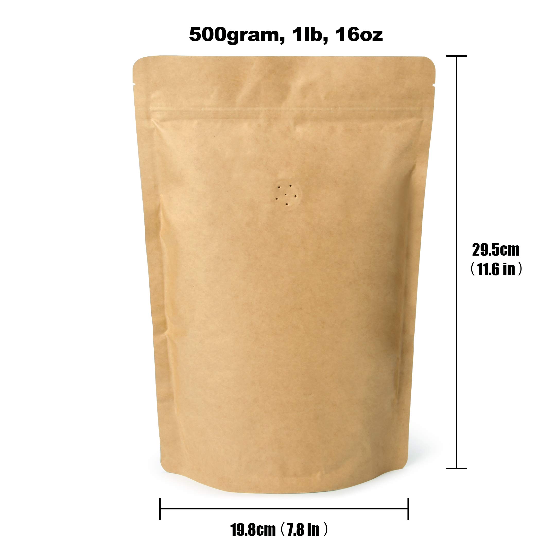 500g 16oz 1lb Kraft Paper Stand up Zipper Pouches Coffee Bags Coffee Pouches with Valve (Pack of 50)