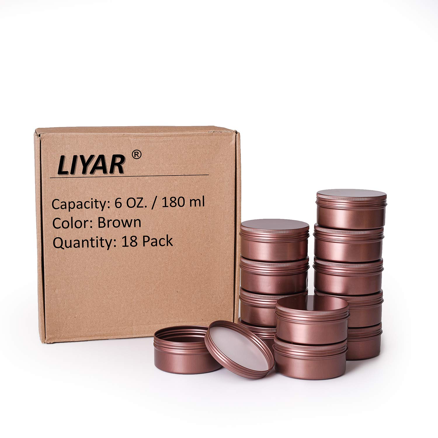 LIYAR 6 oz Candle Tins Metal Tin Cans Tins Round Aluminum Cans Empty Tins Screw Lid Container 6 oz Containers with Lids for Candles,Spice(18 Pack,Brown)