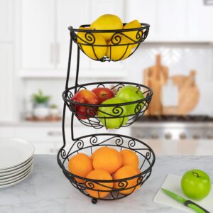 Spectrum Diversified Scroll Arched Server Stacked, 3-Tier Fruit Bowls Counters, Traditional Kitchen Décor & Fruit Basket Stand, Black