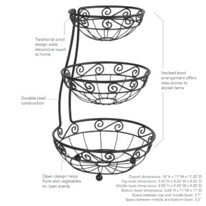 Spectrum Diversified Scroll Arched Server Stacked, 3-Tier Fruit Bowls Counters, Traditional Kitchen Décor & Fruit Basket Stand, Black