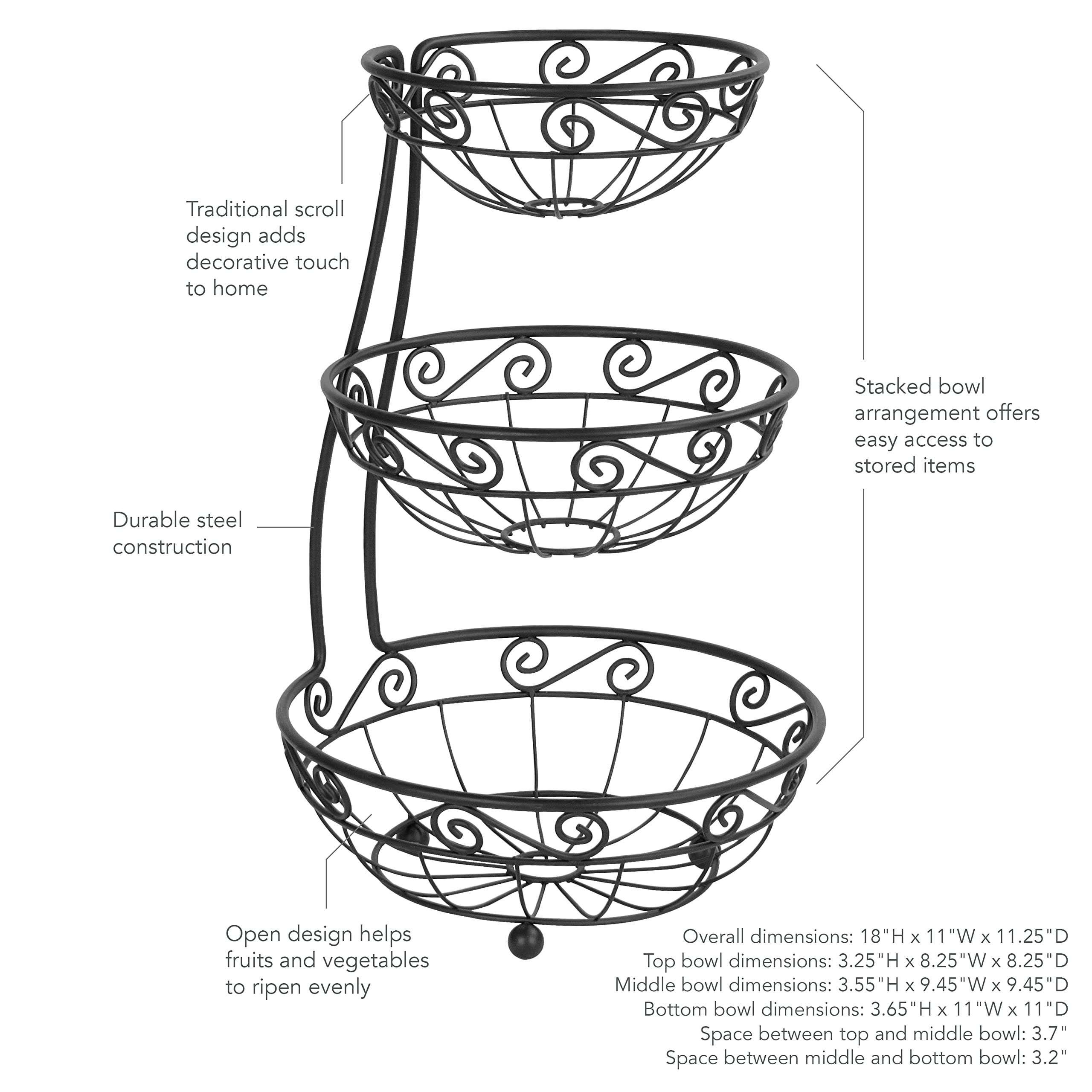 Spectrum Diversified Scroll Arched Server Stacked, 3-Tier Fruit Bowls Counters, Traditional Kitchen Décor & Fruit Basket Stand, Black