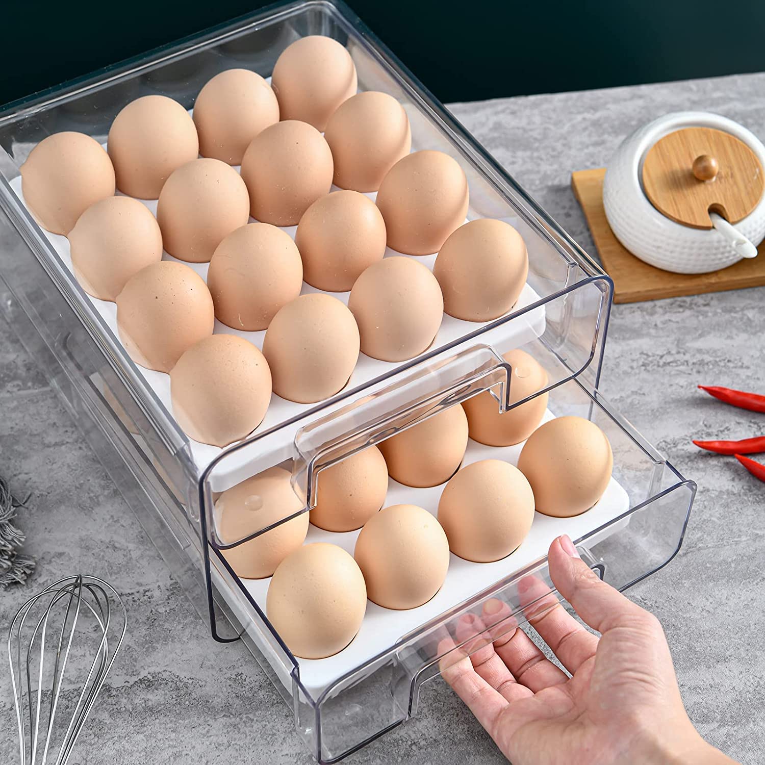 BigTron Egg Container for Refrigerator with Lids 32 Egg Drawer for Refrigerator Reusable Egg Storage Food Fruit Vegetables Meal Fresh Organizer (Clear)