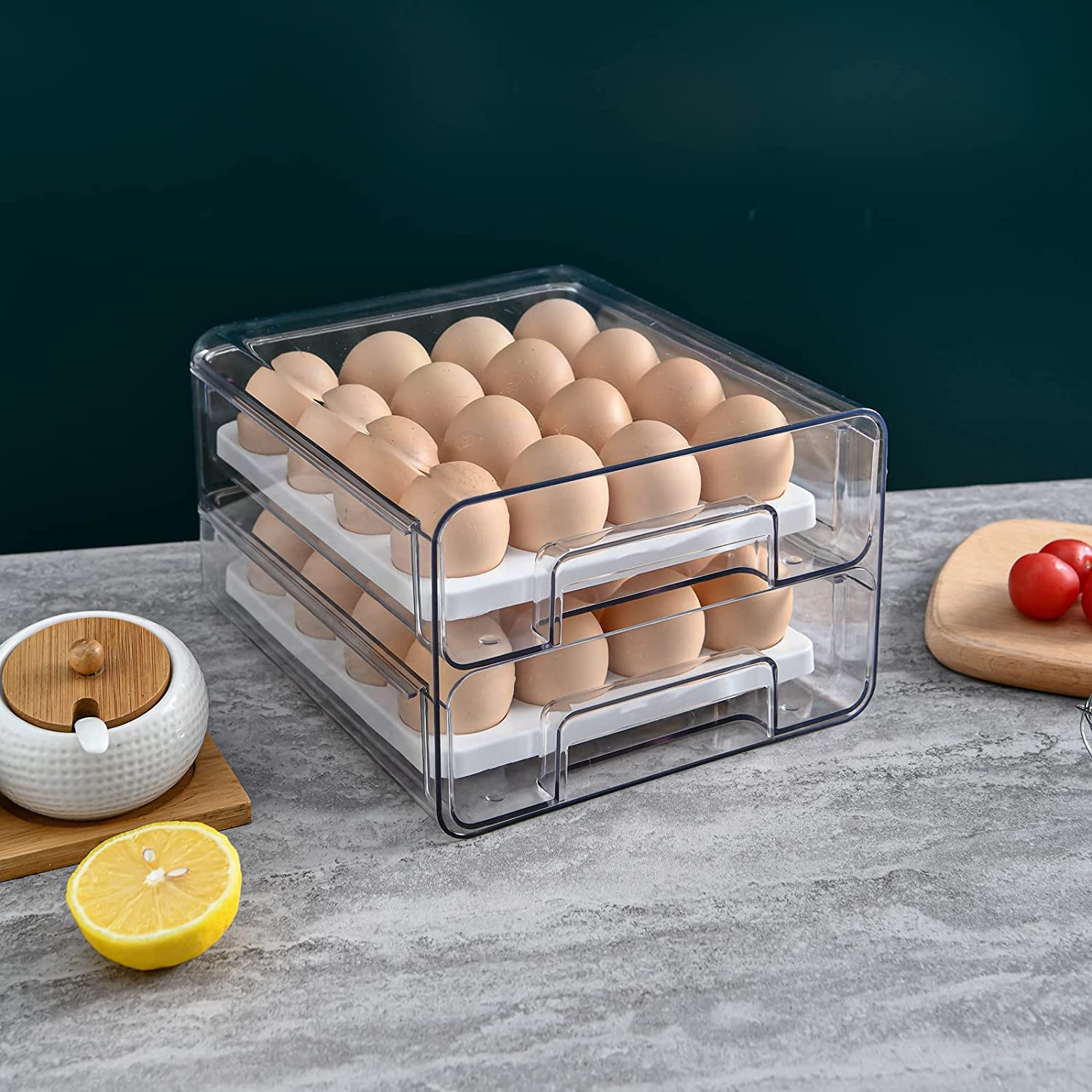 BigTron Egg Container for Refrigerator with Lids 32 Egg Drawer for Refrigerator Reusable Egg Storage Food Fruit Vegetables Meal Fresh Organizer (Clear)